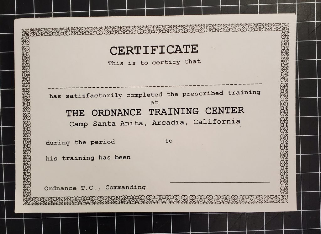 WWII Reproduction Ordnance Training Center Certificate – SERVICE OF SUPPLY