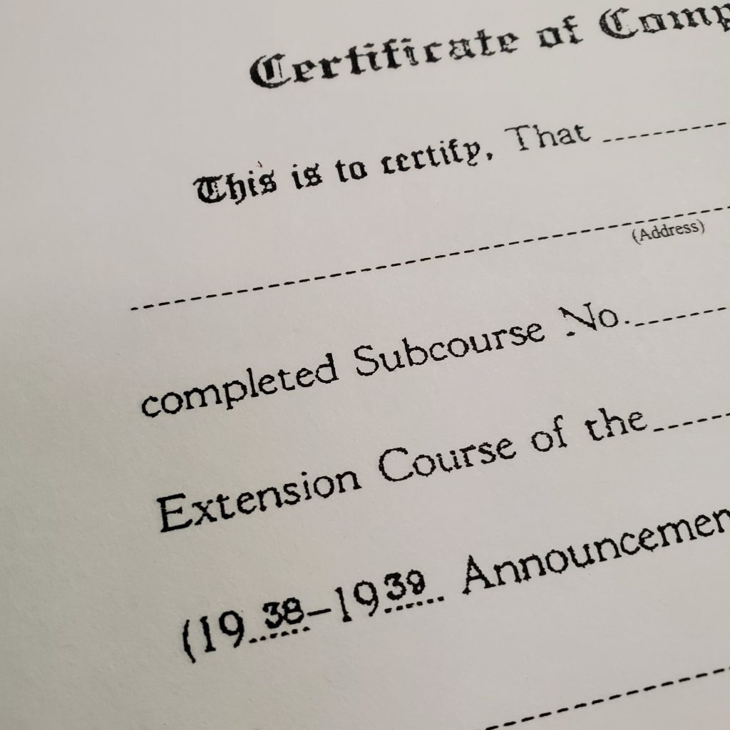 Army Extension Courses Certificate – SERVICE OF SUPPLY